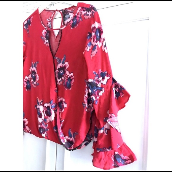 Banjara | Tops | 98 S Red Indigo Peasant Boho Top Bell Sleeve Tier Wrap Bold Floral Watercolor ...
